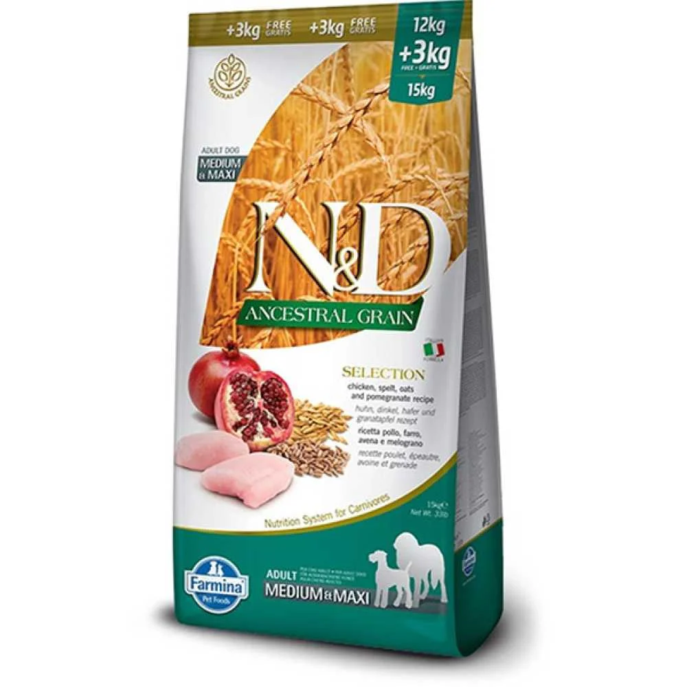 N&D Ancestral Grain hrana za pse Selection Adult Medium&Maxi - Piletina i nar 15kg