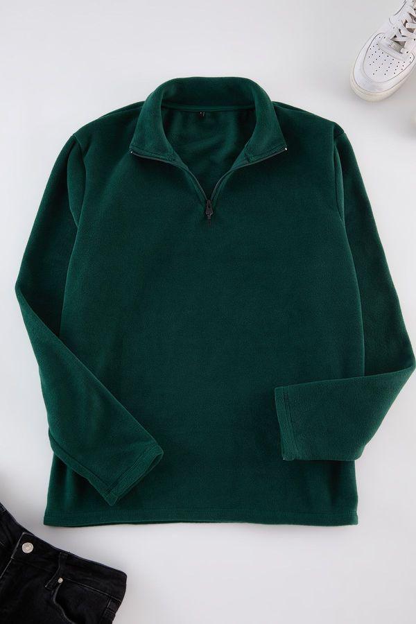 TRENDYOL EMERALD GREEN REGULAR/NORMAL CUT STAND COLLAR ZIPPERED POLAR FLEECE WARM SWEATSHIRT