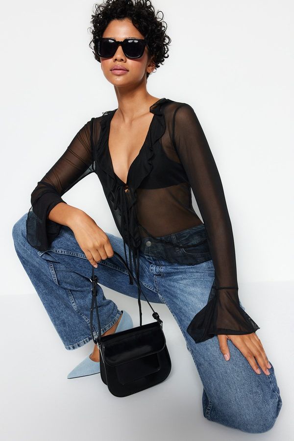 TRENDYOL BLACK FLOUNCE TIE DETAILED TULLE STRETCHY KNITTED BLOUSE