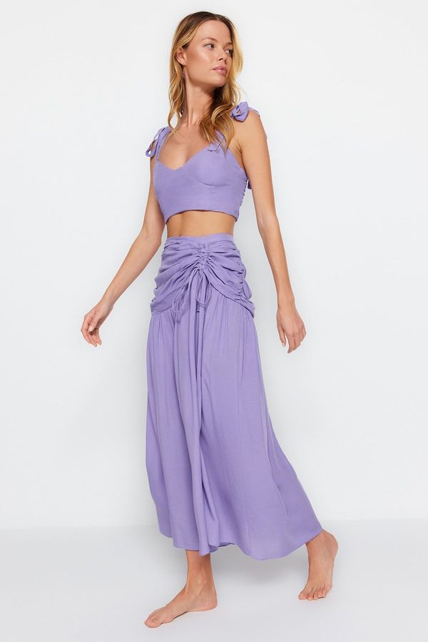 TRENDYOL LILAC WOVEN TIE BLOUSE AND SKIRT SET