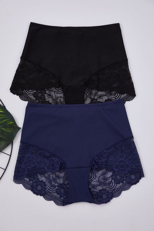 TRENDYOL CURVE BLACK-NAVY BLUE 2 PACK HIGH WAIST LACE SOFT COMFORTABLE PLUS SIZE PANTIES