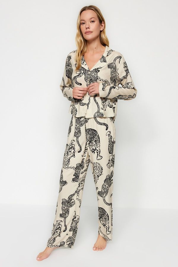 TRENDYOL CREAM LEOPARD PATTERNED VISCOSE SHIRT-PANTS WOVEN PAJAMA SET