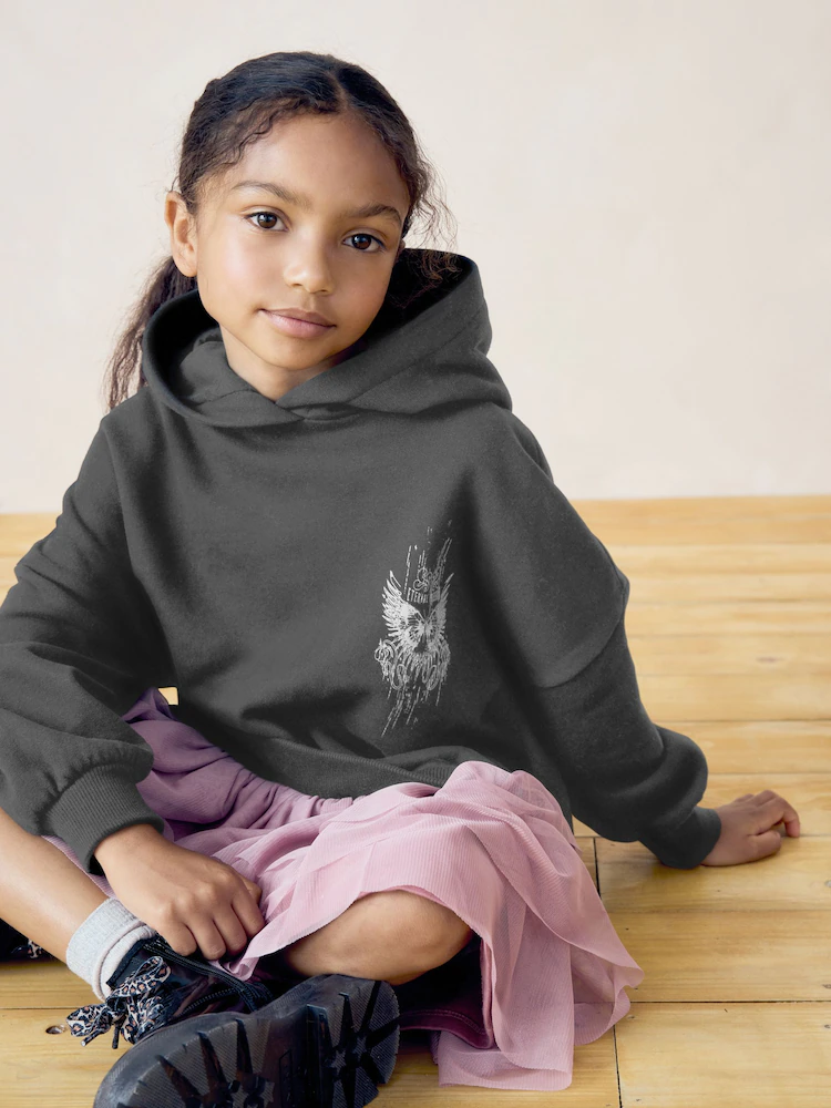 Charcoal Grey/Pink 2-in-1 Long Sleeve Hooded Sweat Dress with Mesh Skirt (3-16yrs)