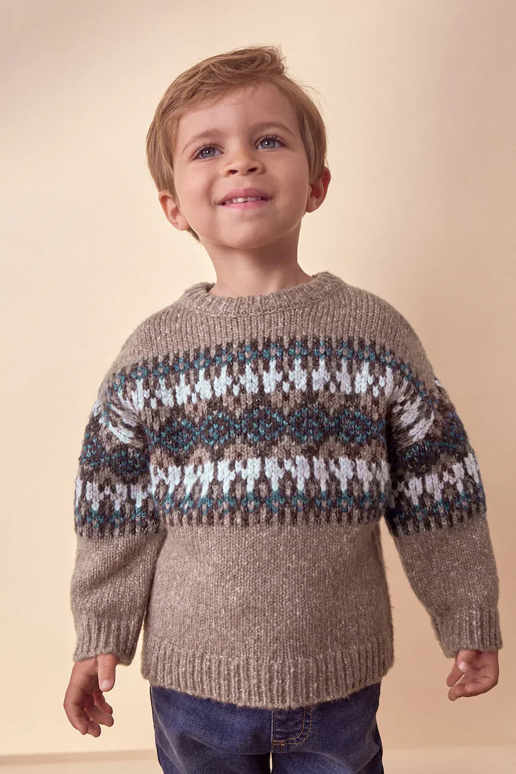 Neutral Fairisle Fairisle Pattern Crew Neck Knitted Jumper (3mths-7yrs)