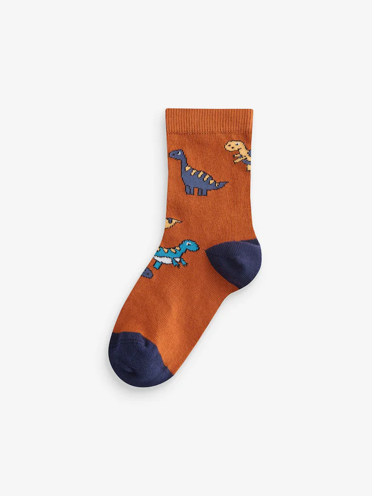 Brown/Green/Navy Blue Dinosaurs Print Cotton Rich Socks 5 Pack