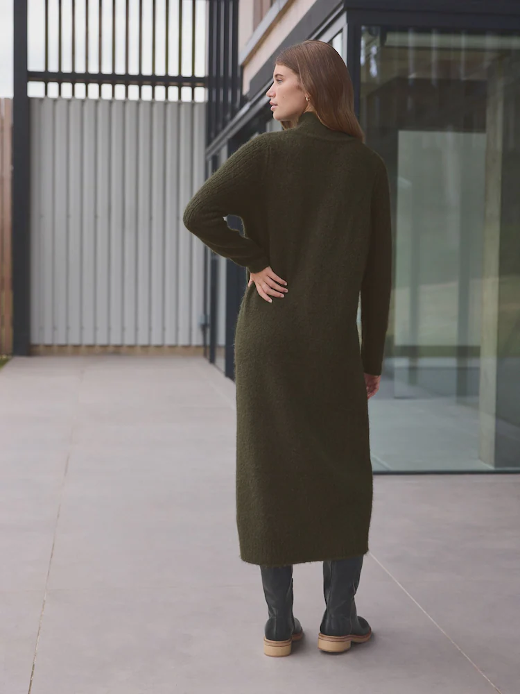 Green Khaki High Neck Long Sleeve Maxi Knitted Jumper Dress