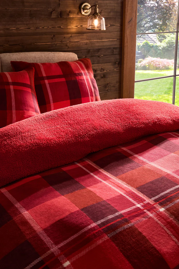 Red Check Printed Fleece Duvet Cover and Pillowcase Set