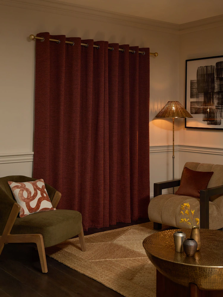 Rust Orange Bouclé Textured Eyelet Lined Curtains