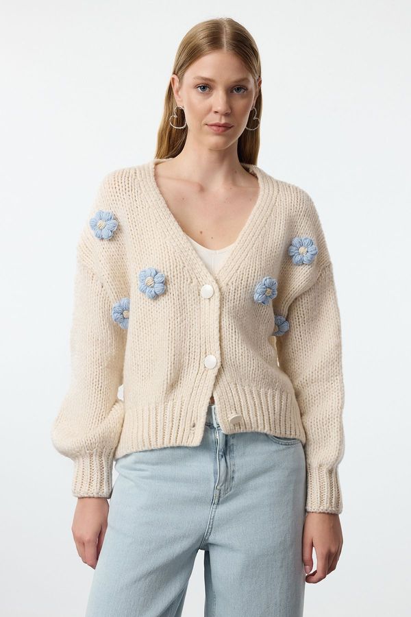 TRENDYOL STONE SOFT TEXTURE ROSE DETAILED KNITWEAR CARDIGAN