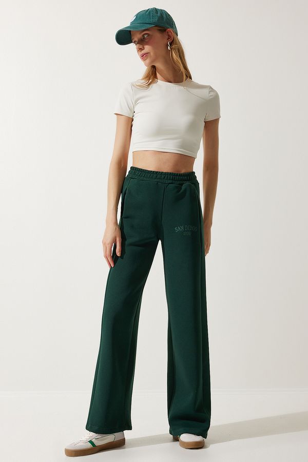 HAPPINESS İSTANBUL WOMEN'S EMERALD GREEN RAISED STRAIGHT LEG THICK SWEATPANTS
