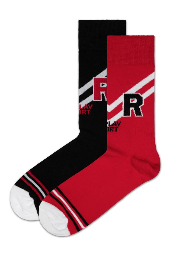 REPLAY SOCKS CASUAL SPORT LOGO&STRIPES 2PRS BANDEROLE - BLACK/RED - MEN'S