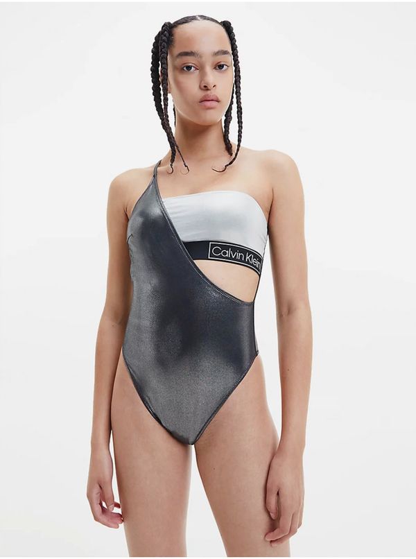 CALVIN KLEIN WOMEN'S WHITE-BLACK METALLIC ONE-PIECE SWIMSUIT WITH SLIT CALVIN KL - WOMEN