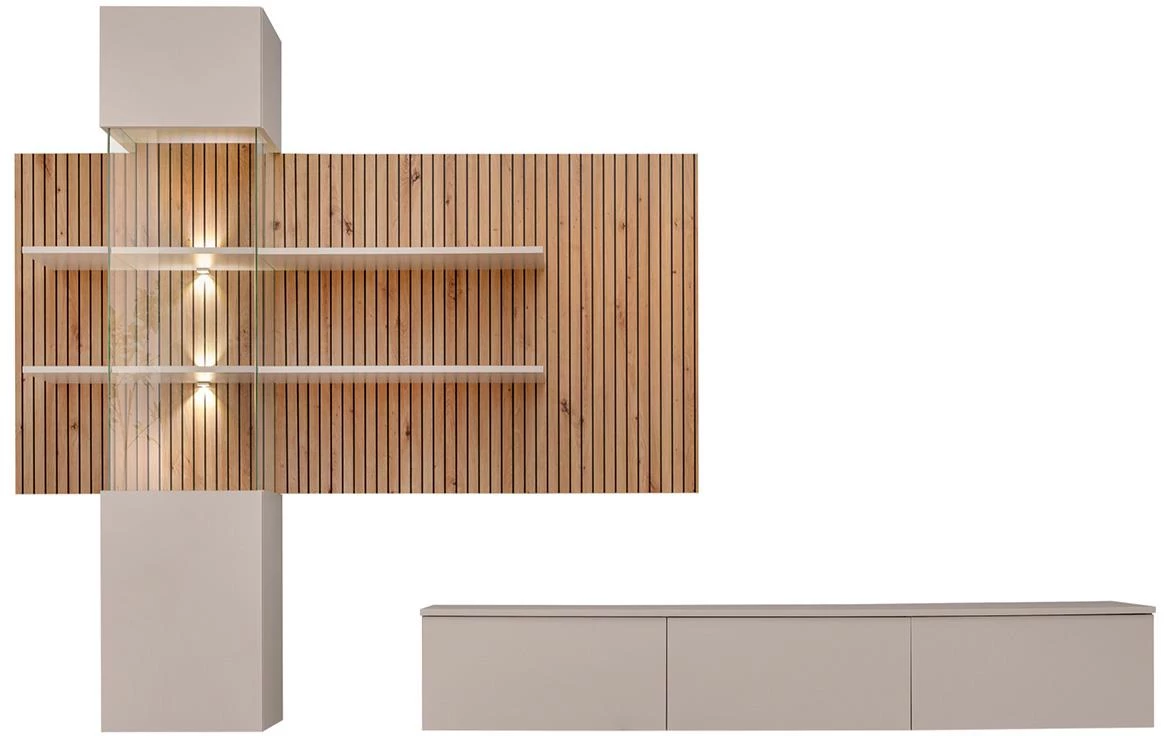 Gusto LUX B regal 280x45x180 cm natur (Artisan hrast)/ bež (kašmir)/staklo