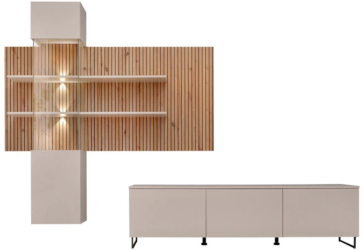 Gusto LUX regal 280x45x200 cm natur (Artisan hrast)/ bež (kašmir)/staklo