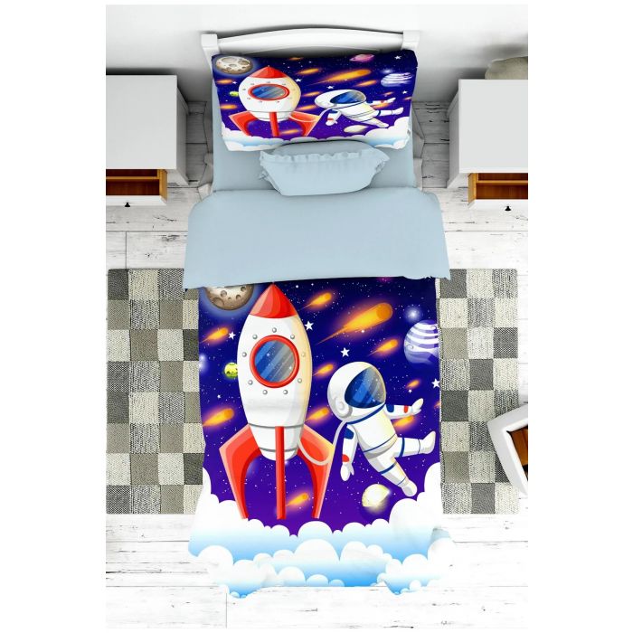 Posteljina za decu Set navlaka 140x200cm jastučnica 50x70cm - Kosmonaut i raketa - U-001