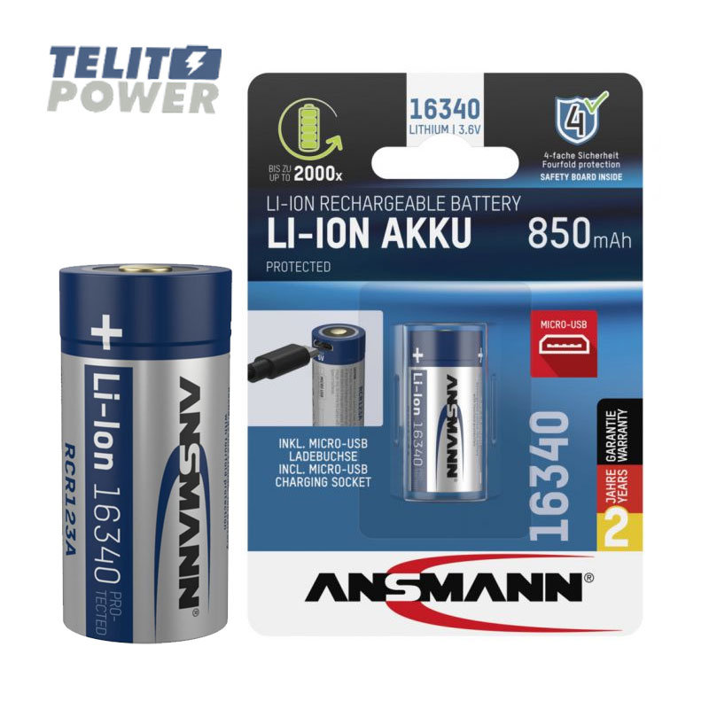 Punjiva Li-Ion 3.6V 850mAh 16340 sa mikro USB ulazom za punjenje RCR123A Ansmann