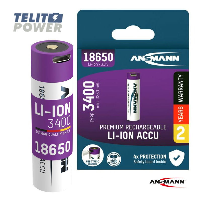 Punjiva Li-Ion 3.6V 3400mAh 18650 sa USB tip C ulazom za punjenje Ansmann