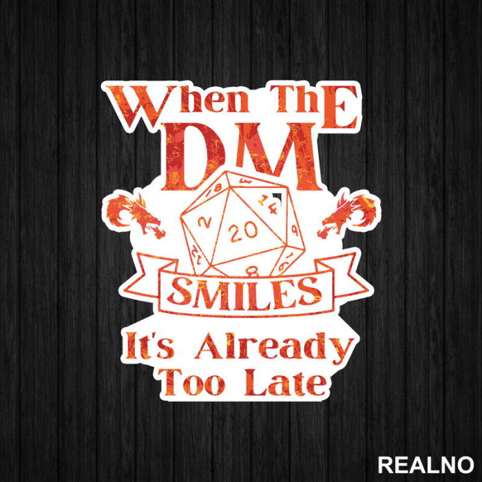 WHEN THE DM SMILES IT'S ALREADY TOO LATE - FIRE - D&D - DUNGEONS AND DRAGONS - NALEPNICA