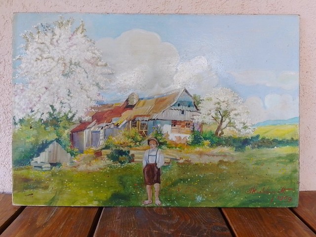 SLIKA DEČAK PORED SALAŠA  1969 god.   58cm x 39cm