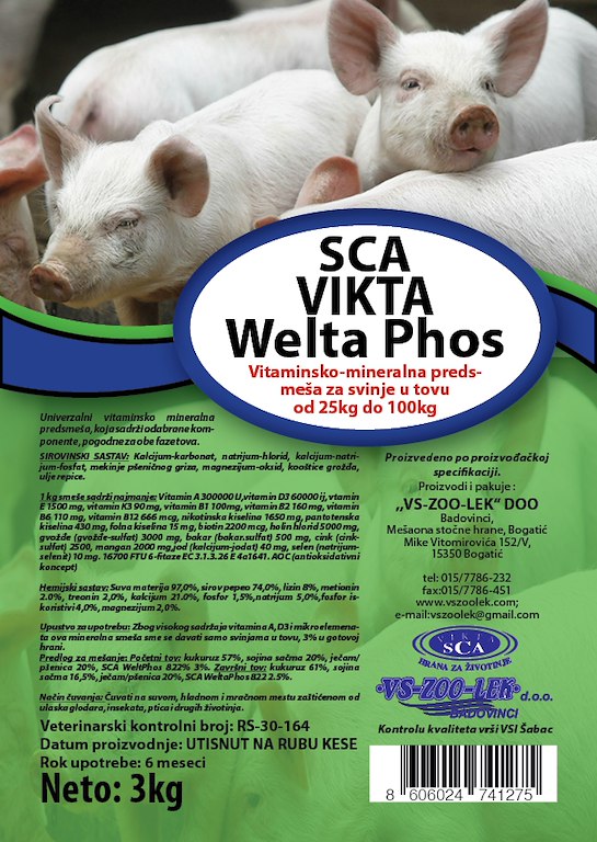 SCA VIKTA Welta Phos 3kg Vitaminsko-mineralna preds- meša za svinje u tovu od 25kg do 100kg