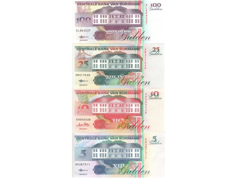 Surinam SURINAME lot 5, 10, 25 i 100 Gulden 1998 UNC