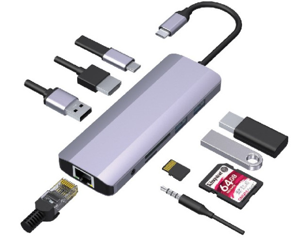 A-CM-COMBO9-06 Gembird USB-C 9-in-1 multi-port RJ45+USB3.0+SD+USB-C+HDMI+USB2.0+3,5mm (1359)