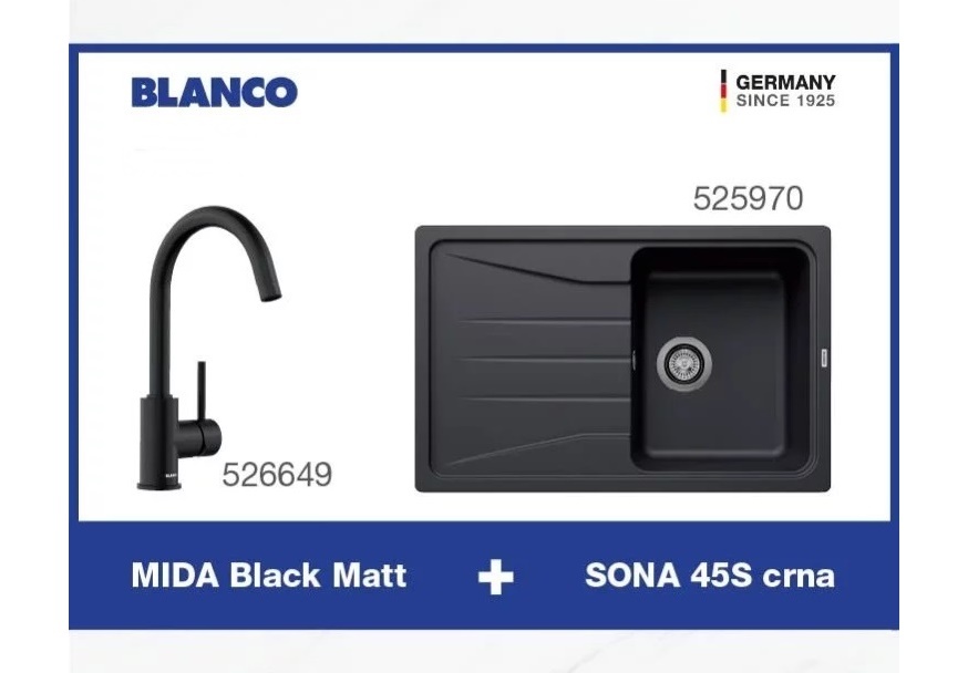 BLANCO SET: Sudopera SONA 45 S SILGRANIT CRNA + Slavina MIDA CRNA MAT