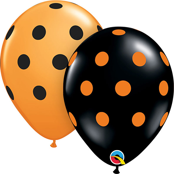 23017
11″ Latex Big Polka Dots Orange Black (6)