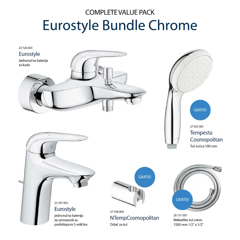 Tuš set sa baterijom za kadu, lavabo i GRATIS tuš ručicom, držačem i tuš crevom EUROSTYLE BUNDLE HROM