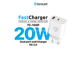 Kucni punjac Teracell Evolution TC-15GP, QC 3.0, PD 3.0, 20W sa PD iPhone lightning kablom beli CE