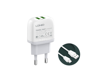 Kucni punjac LDNIO A2219 2xUSB 5V 2.4A 12W sa Type C kablom beli