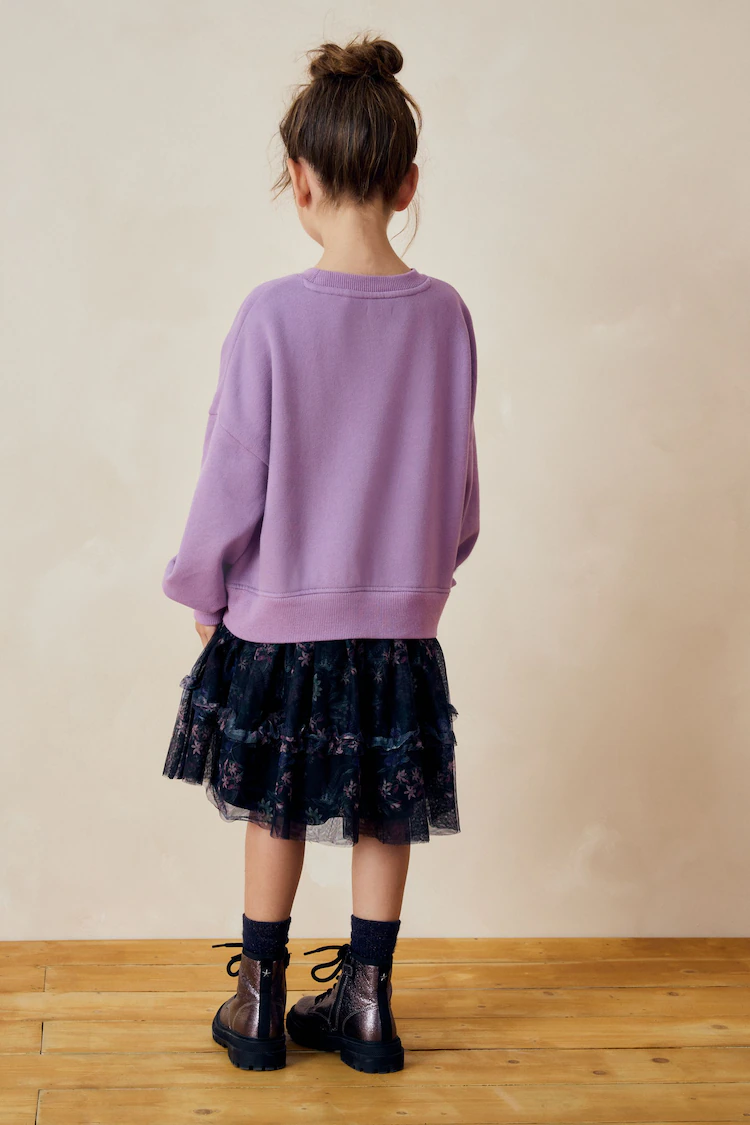 Lilac Purple/Black Floral Print 2-in-1 Long Sleeve Sweat Dress with Mesh Skirt (3-14yrs)