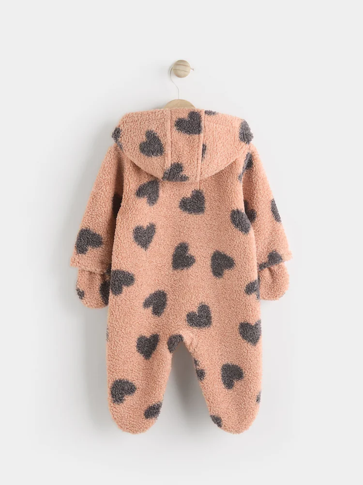 Tan Brown Heart Print Baby Borg Fleece All-In-One Pramsuit (0mths-2yrs)