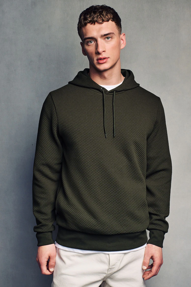 Green Hooded Textured Overhead Hoodie