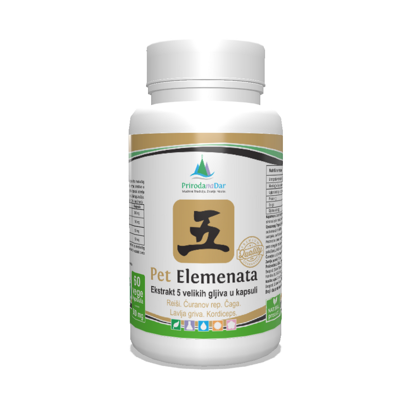 EKSTRAKT GLJIVA PET ELEMENATA (REISHI, CORDYCEPS, LAVLJA GRIVA, CHAGA, ĆURANOV REP) 500mg 60 KPS PRIRODA NA DAR