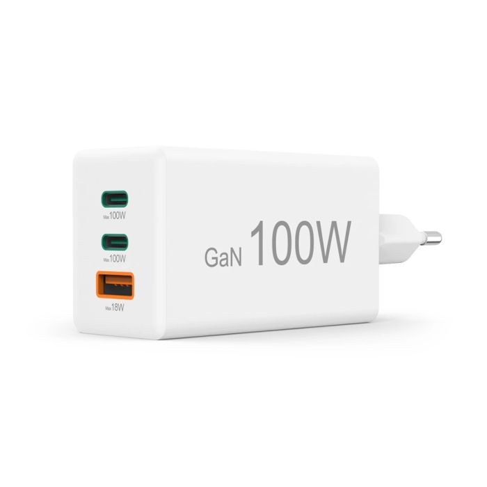 Brzi punjac, GaN, 2x USB-C PD, 1x USB-A, 100W beli