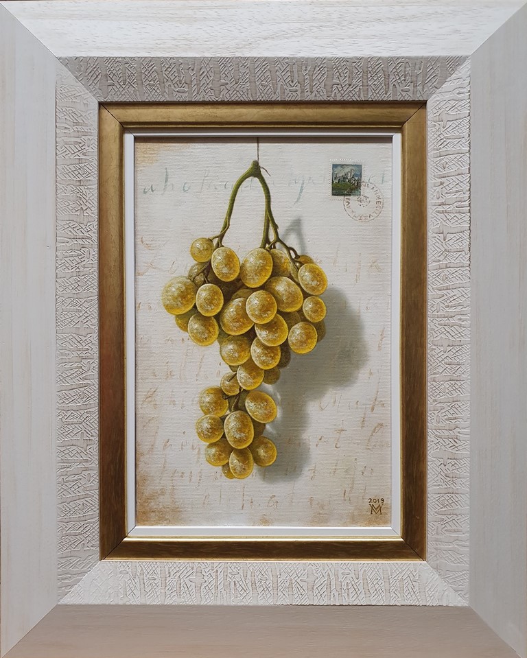 Beli grozd, ulje na lesonitu, Miljan Vasiljević, sa 49×39 cm, bez 30×20 cm, sertifikat, 47200 dinara