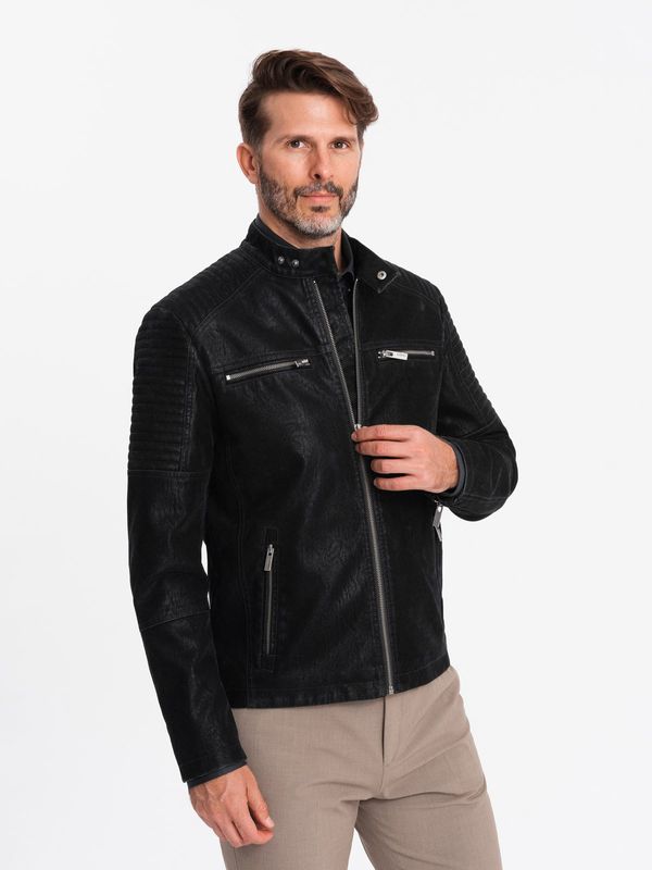 OMBRE MEN'S RETRO-STYLE BIKER JACKET WITH STAND-UP COLLAR - BLACK