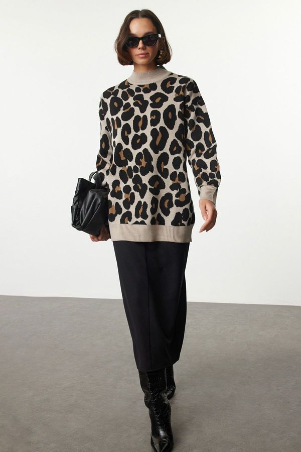 TRENDYOL BEIGE LEOPARD PATTERNED KNITTED SWEATER