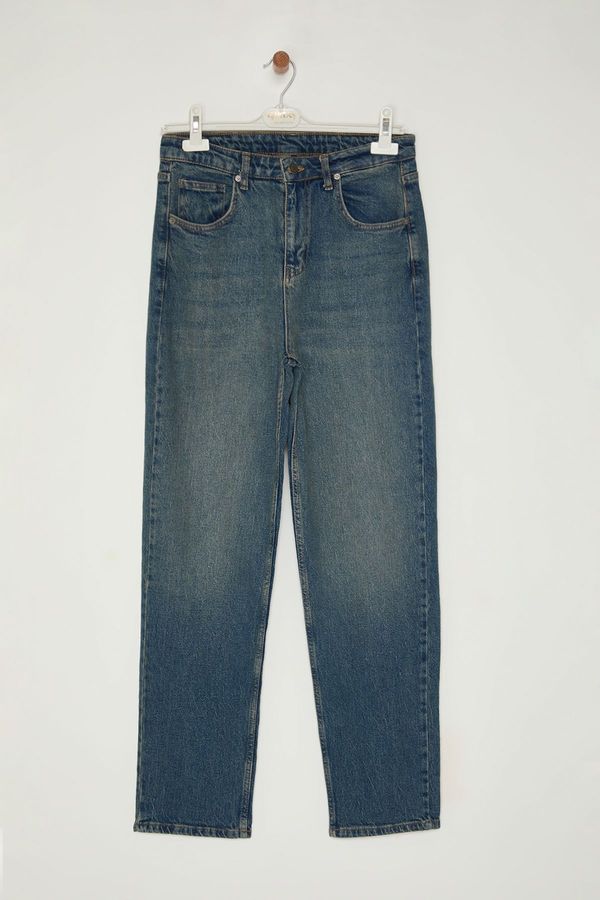 TRENDYOL MEN'S NAVY BLUE DISTRESSED EFFECT BAGGY/90'S STRAIGHT FIT JEANS WIDE LEG JEANS