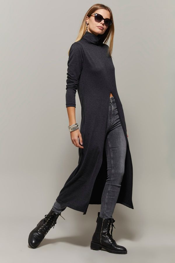 COOL & SEXY WOMEN'S ANTHRACITE TURTLENECK LONG SLIT TUNIC