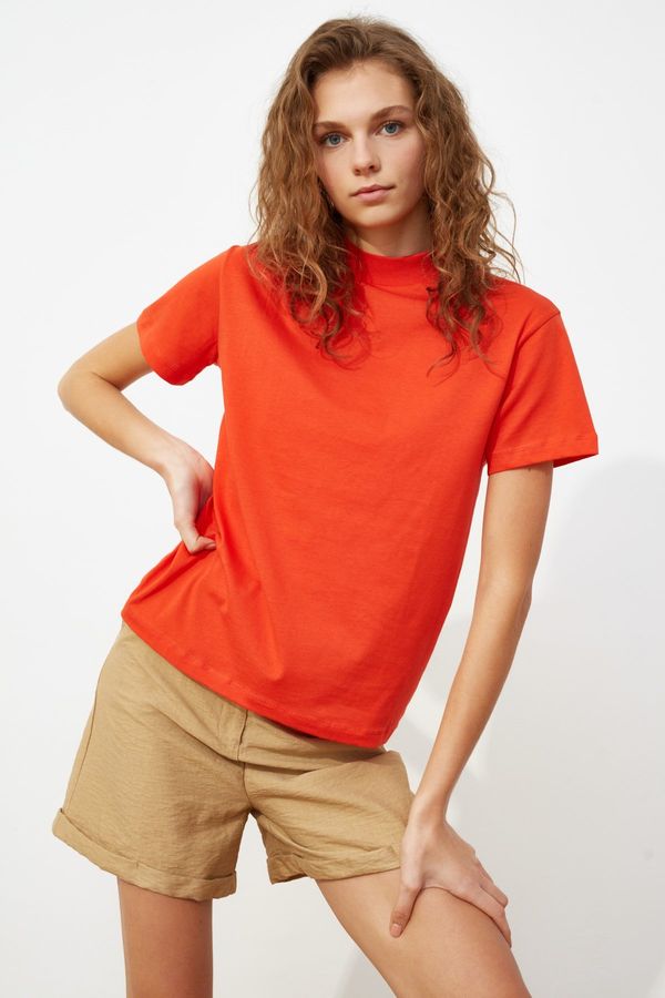 Trendyol Red 100% Cotton Basic Stand Up Collar Knitted T-Shirt