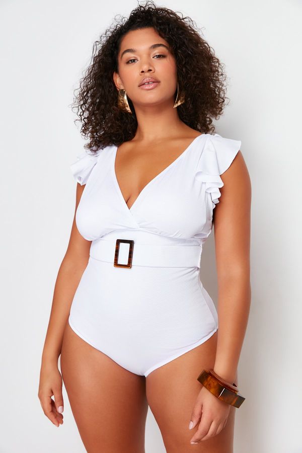 TRENDYOL CURVE WHITE DEEP V BELTED BRIDAL KNITTED SWIMSUIT WITH RECOVERY EFFECT