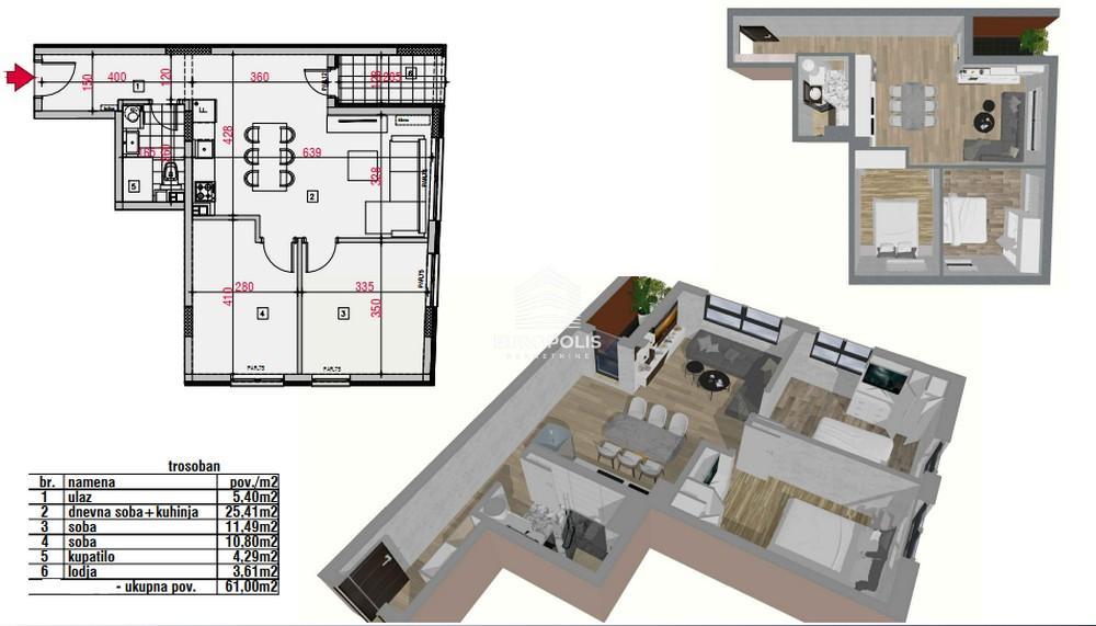 Trosoban stan na prodaju, 61m2, 103.700€