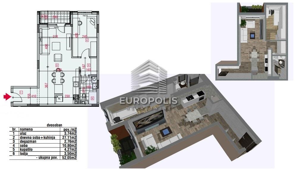 Dvosoban stan na prodaju, 52m2, 88.500€