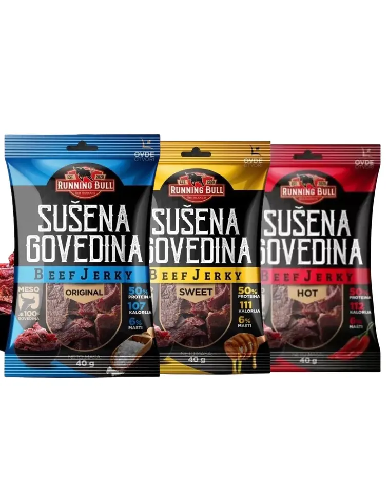 3 Hot Beef Jerky ukusa (sušena govedina) 120g – RunningBull