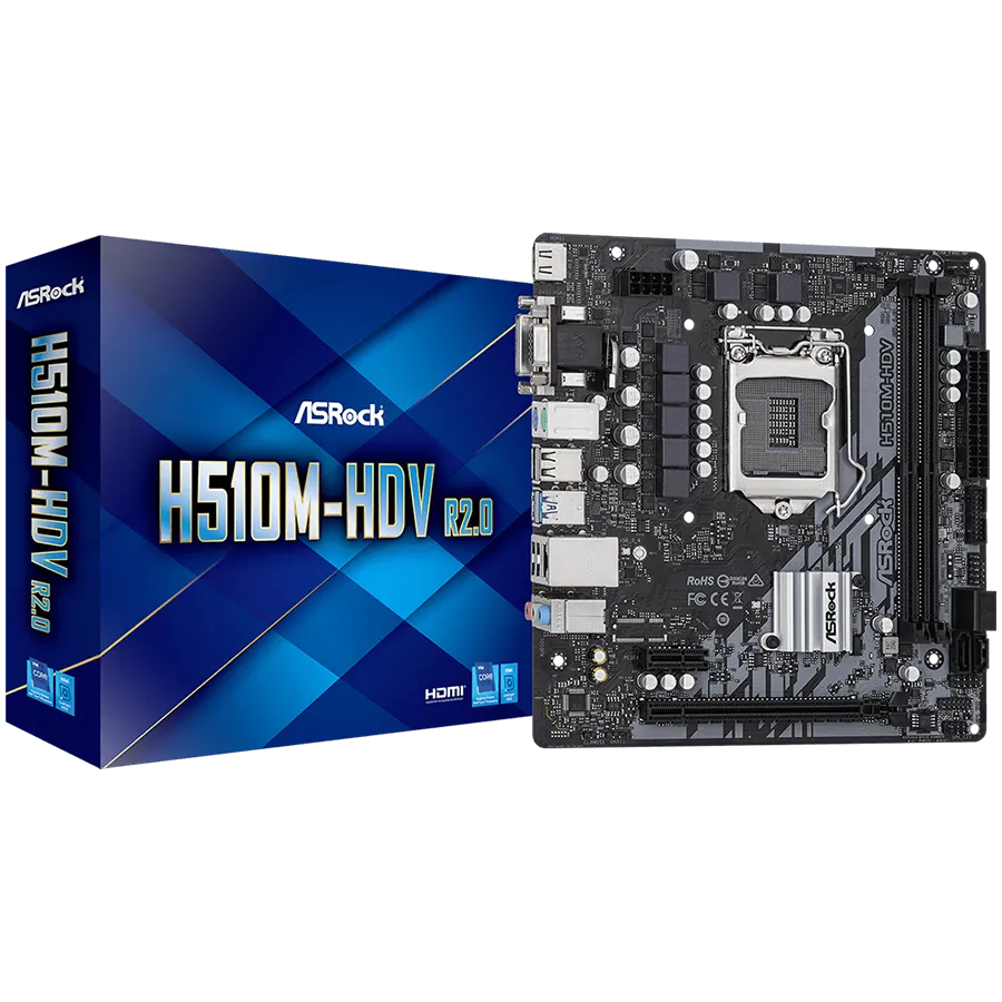 ASROCK Main Board Desktop H510M-HDV (H510, S1200, 2xDDR4, 1xPCIe 4.0x16, 1xPCIe 3.0x1, 4xSATA3, 4xUSB3.2 Gen1, VGA, DVI-D, HDMI, GLAN, mATX) Retail