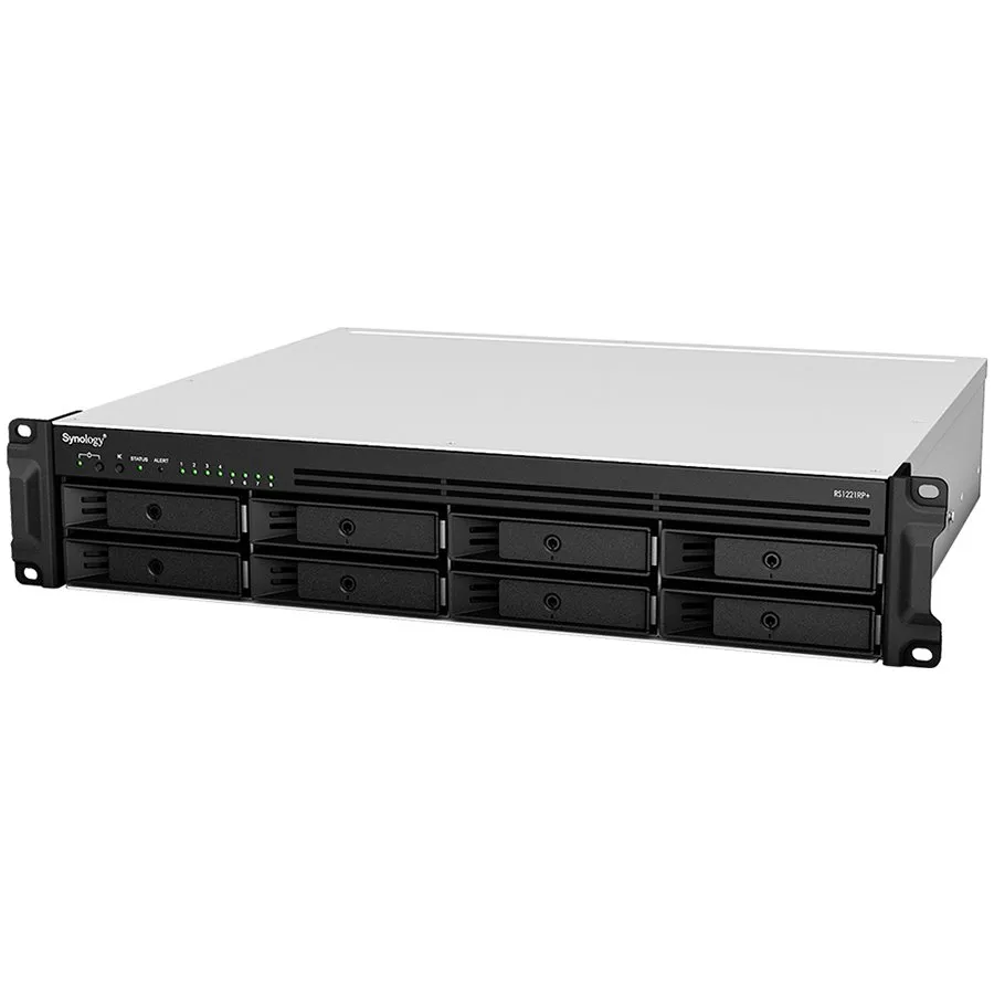 Synology RackStation RS1221RP+; Rack 2U, 8-bay 3.5''/2.5" SATA HDD/SSD, AMD Ryzen V1500B 4-core 2.2GHz; 4GB DDR4 ECC SODDIM,2x Memory slots; 4x RJ-45 1GbE LAN Port; 2xUSB 3.2; eSATA port; PCI Gen2...