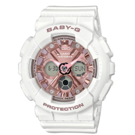 Ženski casio baby g roze zlatni beli analogno digitalni sportski ručni sat sa belim silikonkim kaišem ( ba-130-7a1er )