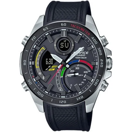 Muški casio edifice crni srebrni analogno digitalni sportski ručni sat sa crnim silikonskim kaišem ( ecb-900mp-1aef )